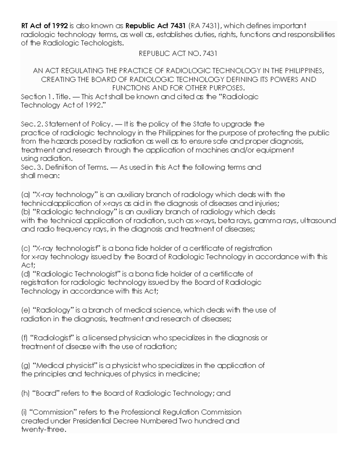 RT ACT OF 1992 - RADIOGRAPHY - RT Act of 1992 is also known as Republic ...