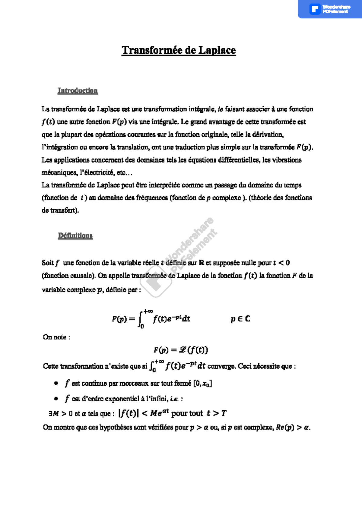 Cours transformée de Laplace - Mathématiques Appliquées - Studocu