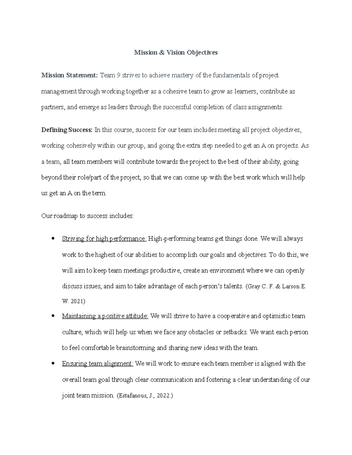 Team charter final draft yandong Ju - Mission & Vision Objectives ...