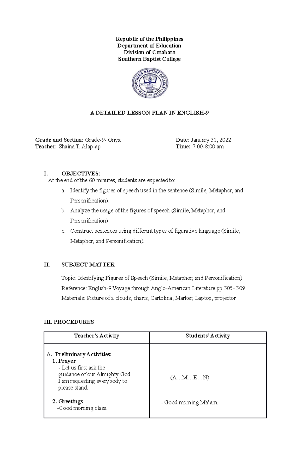 Grade 9 DTL 2 Alap ap - this is a detailed lesson plan about my ...