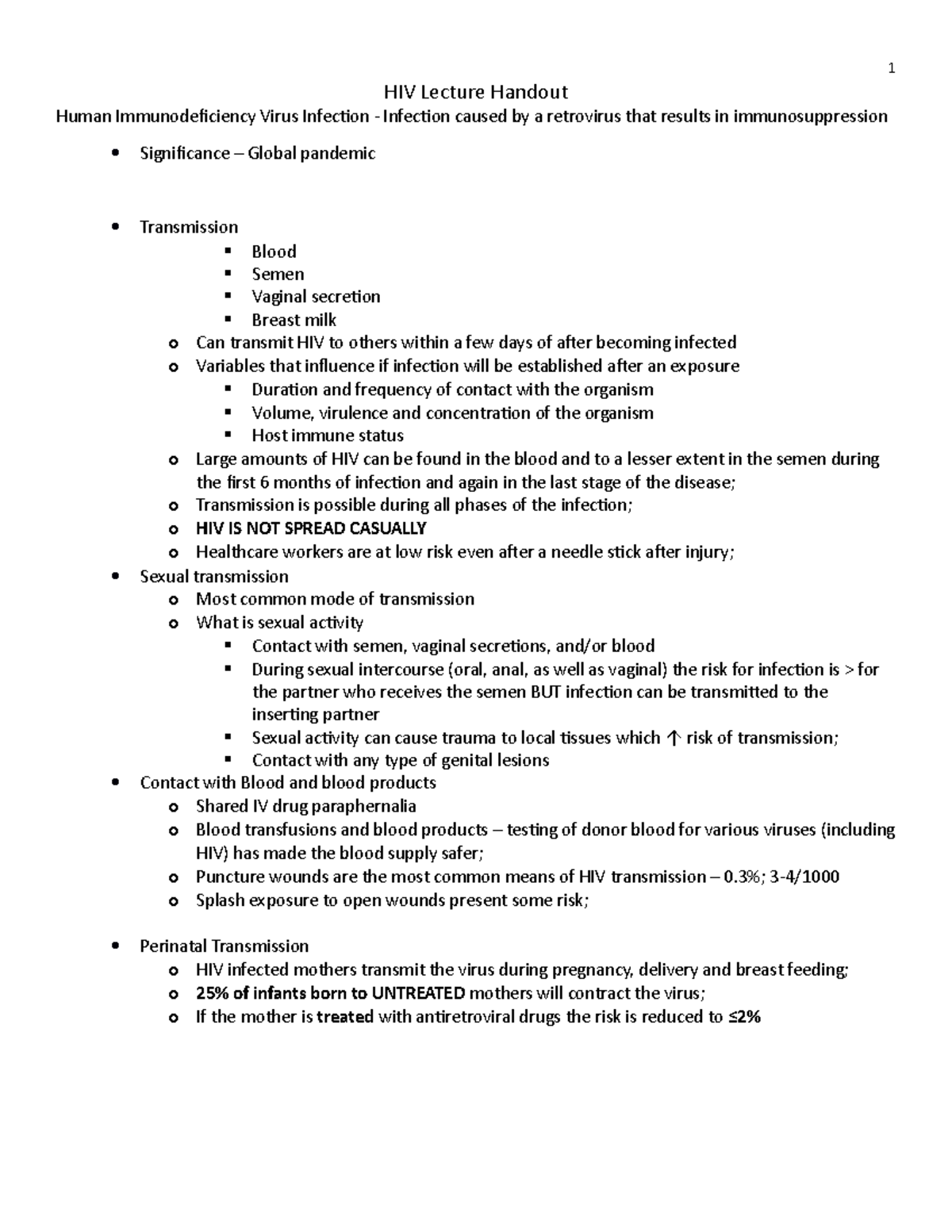HIV+Lecture+Handout+2021 - HIV Lecture Handout Human Immunodeficiency ...