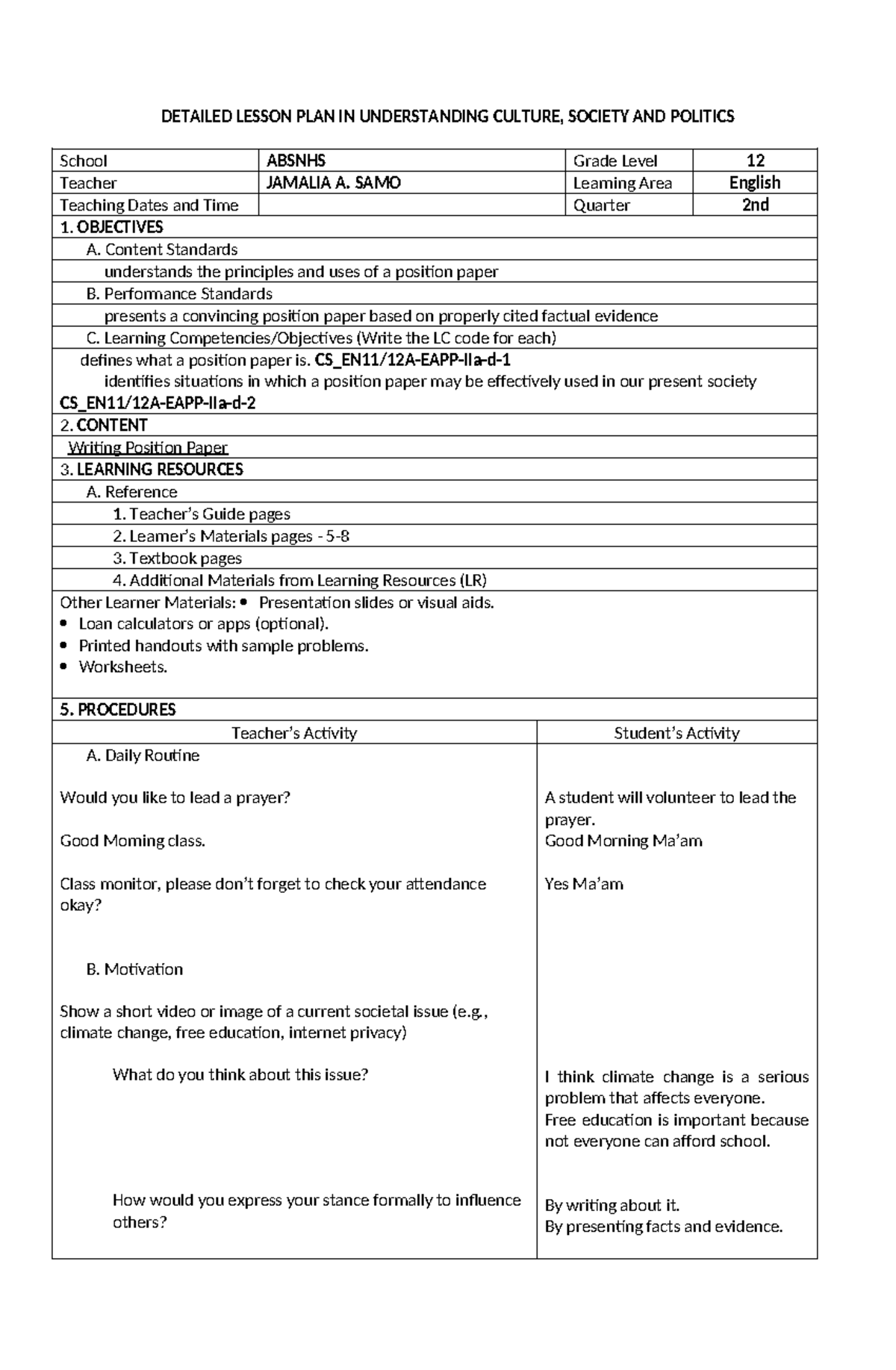 Writing Position Paper - DETAILED LESSON PLAN IN UNDERSTANDING CULTURE ...