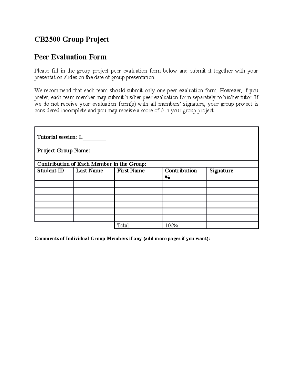 CB2500 Group Project Peer Evaluation - CB2500 Group Project Peer ...
