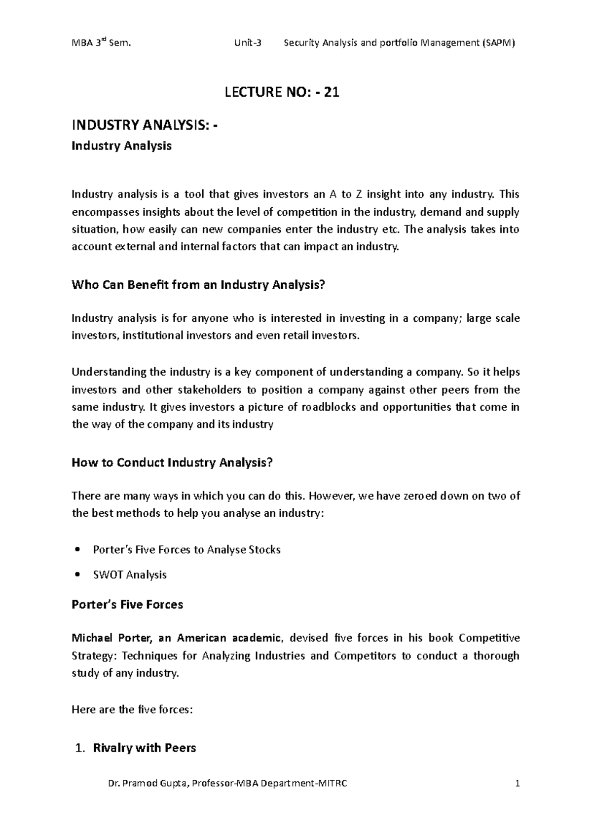 Lecture-21-SAPM - bshsddgsjdsgdhsdjsagbdjsdgbasjhcbsdjcbscv - LECTURE NO: - 21 INDUSTRY ANALYSIS ...