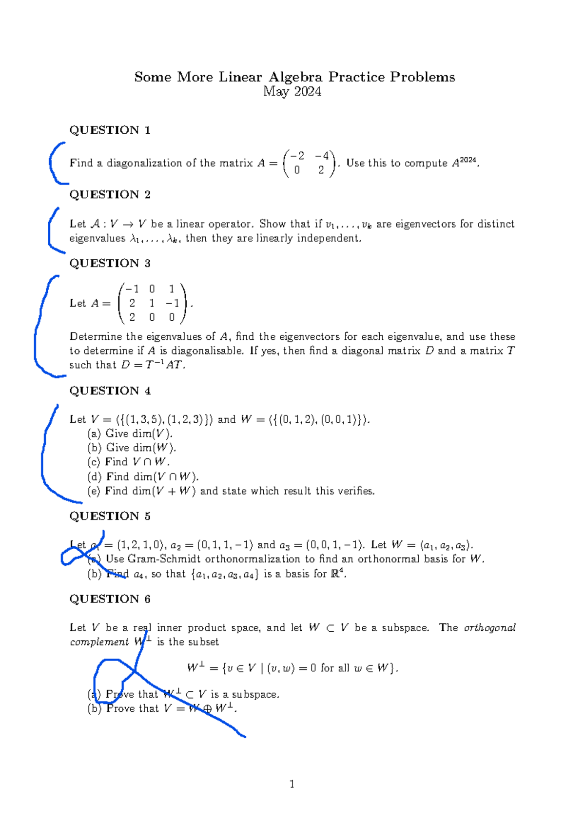 MATH2019 practice problems May 2024 - Some More Linear Algebra Practice Problems May 2024 ...