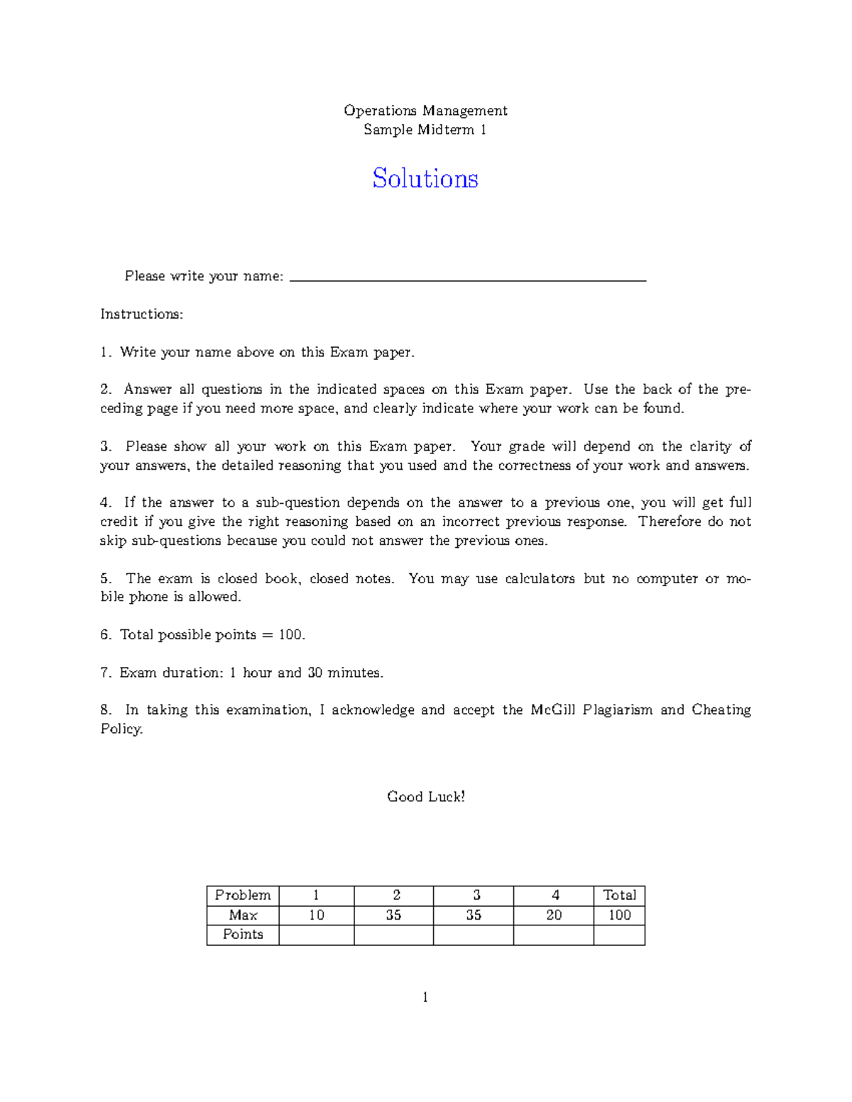 Sample Midterm 1Solutions 2020 - Operations Management Sample Midterm 1 ...