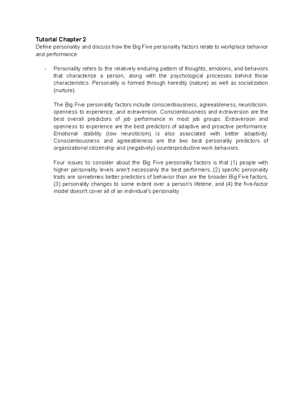 Tutorial Chapter 2 - MGT430 - Tutorial Chapter 2 Define personality and ...