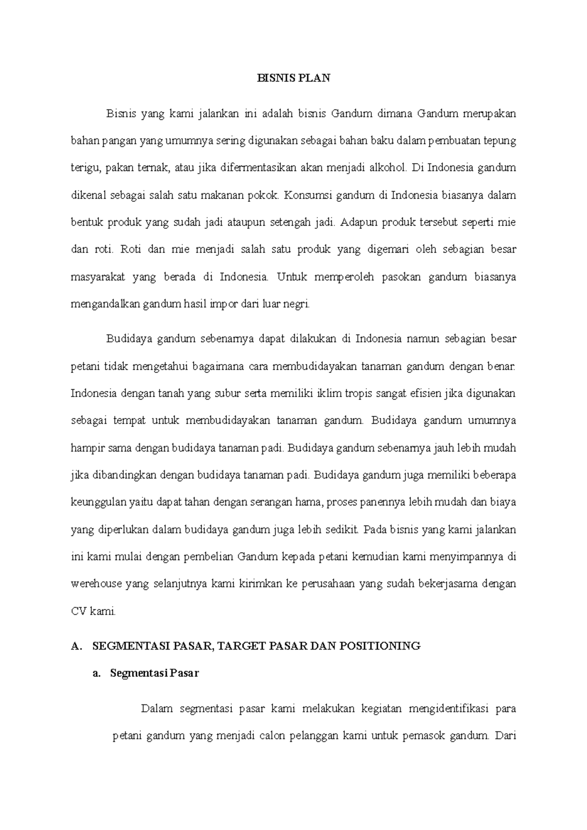 Bisnis PLAN gandum - BISNIS PLAN Bisnis yang kami jalankan ini adalah ...