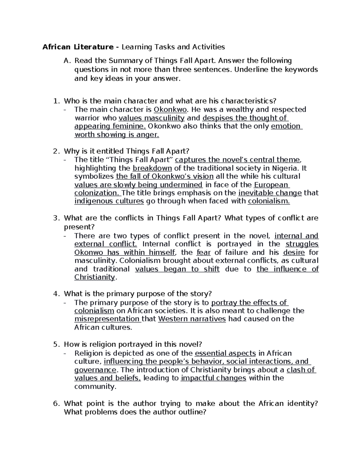 Learning Tasks and Activities - Read the Summary of Things Fall Apart ...