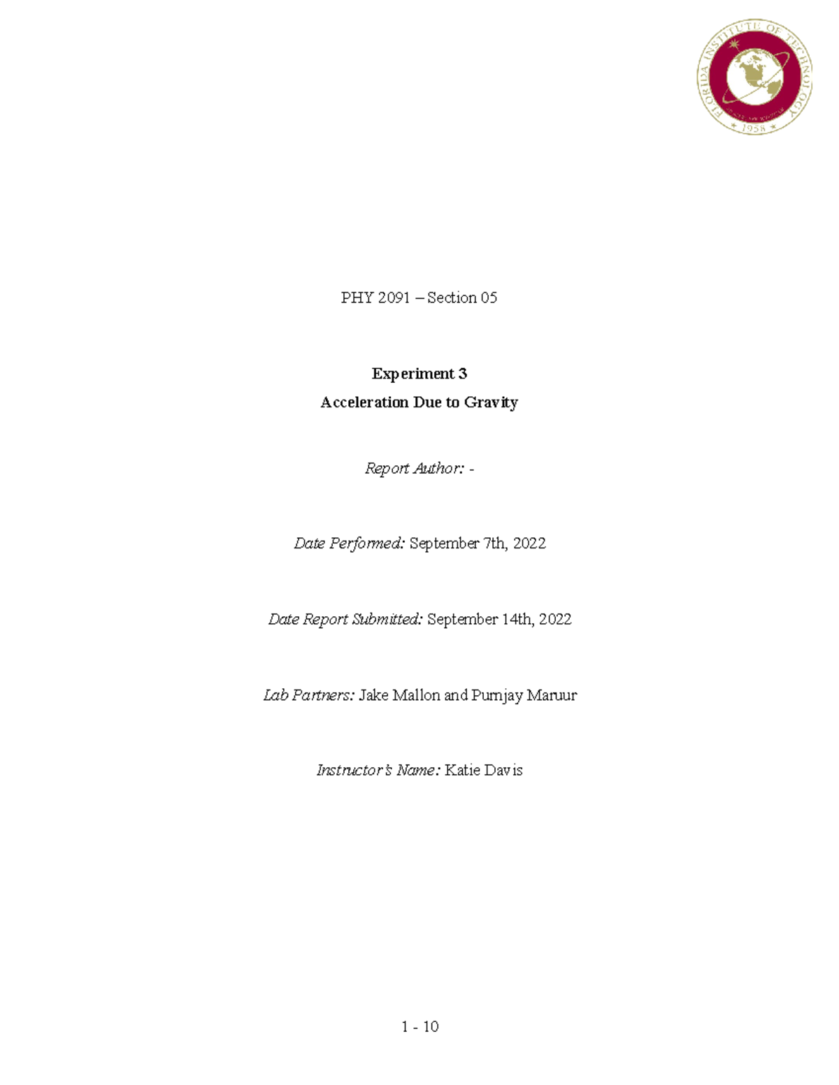 Lab 03 - Acceleration Due To Gravity Lab Report - PHY 2091 – Section 05 ...