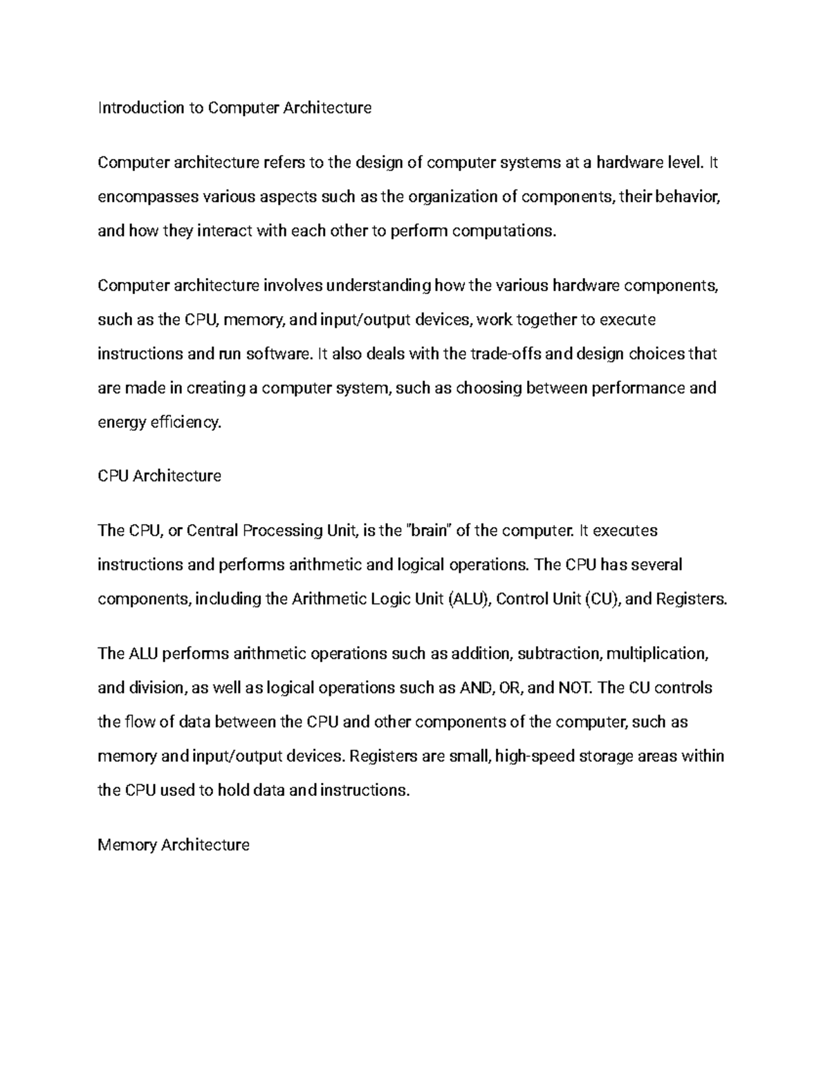 Introduction to Computer Architecture - Introduction to Computer ...