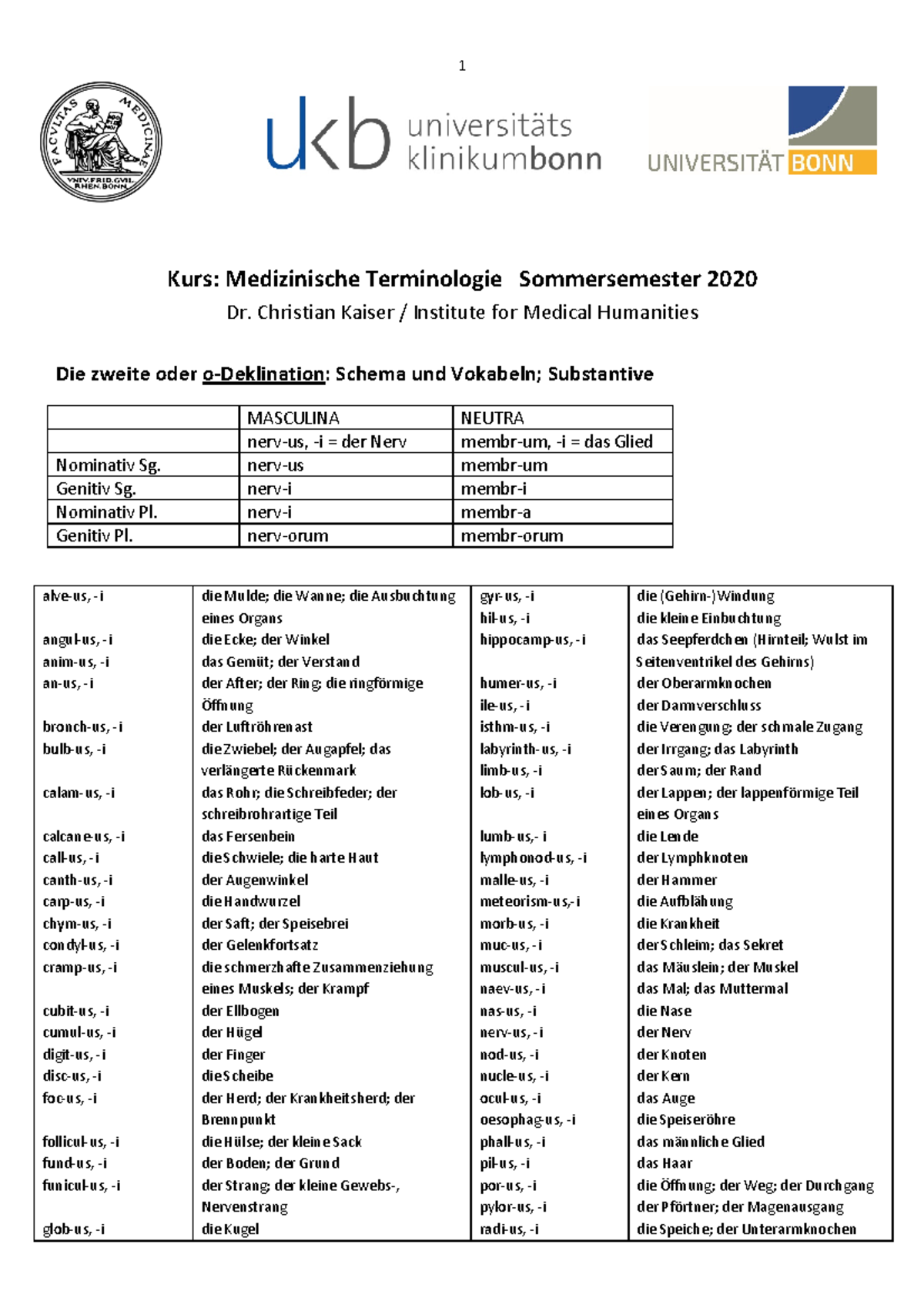 Handout o-Deklination - 1 Kurs: Medizinische Terminologie ...