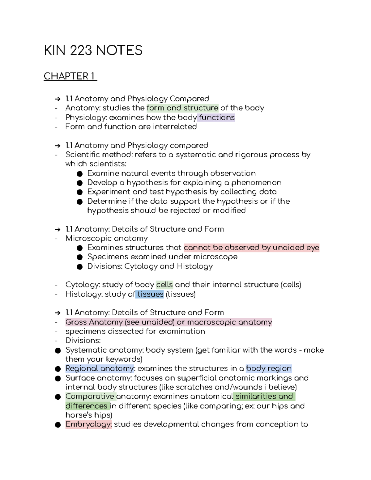 Chapter 1 KIN 223 - notes - KIN 223 NOTES CHAPTER 1 1 Anatomy and ...