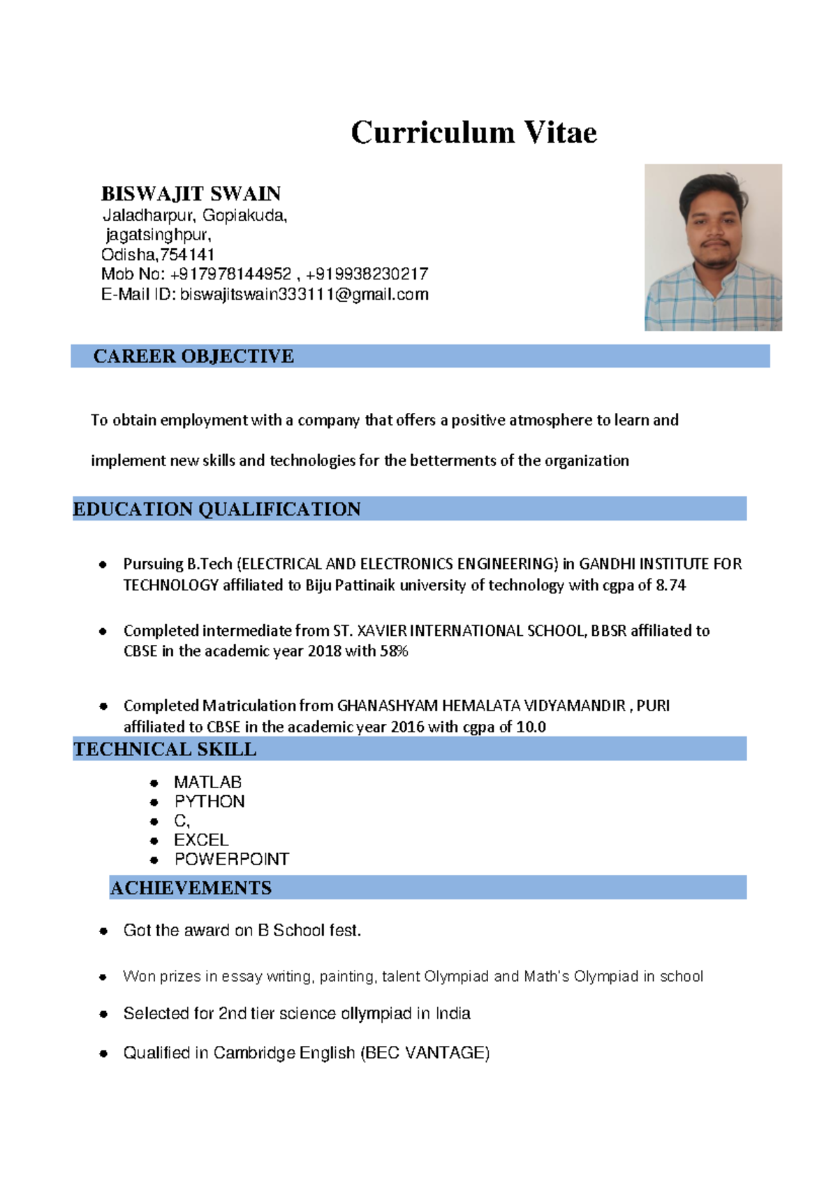 Biswajit Swain BTech EEE 2023P-converted - Curriculum Vitae BISWAJIT ...