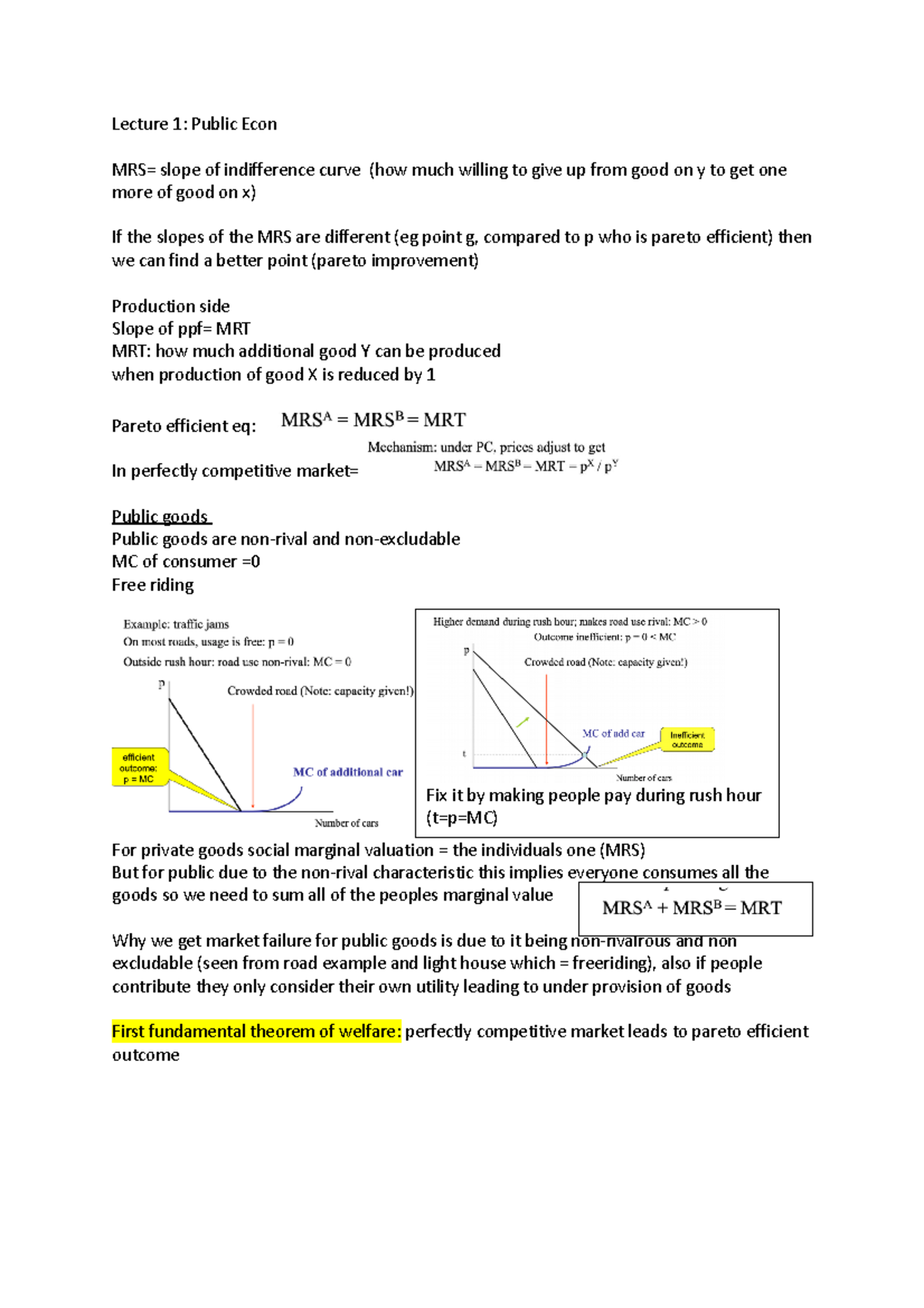 Lecture 1 - First four public micro notes - Lecture 1: Public Econ MRS ...