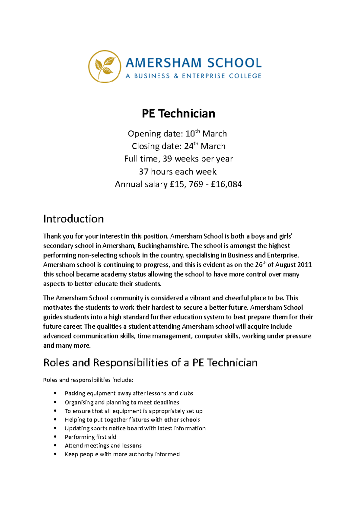 PE next section - PE Technician Opening date: 10 th March Closing date ...