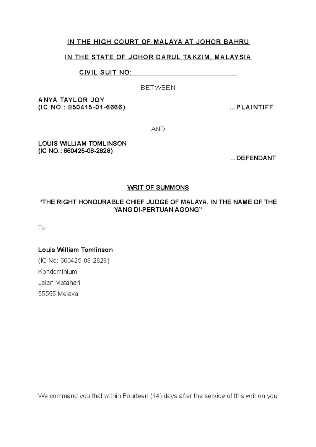 Writ Saman - ENG Student - IN THE HIGH COURT OF MALAYA AT JOHOR BAHRU ...