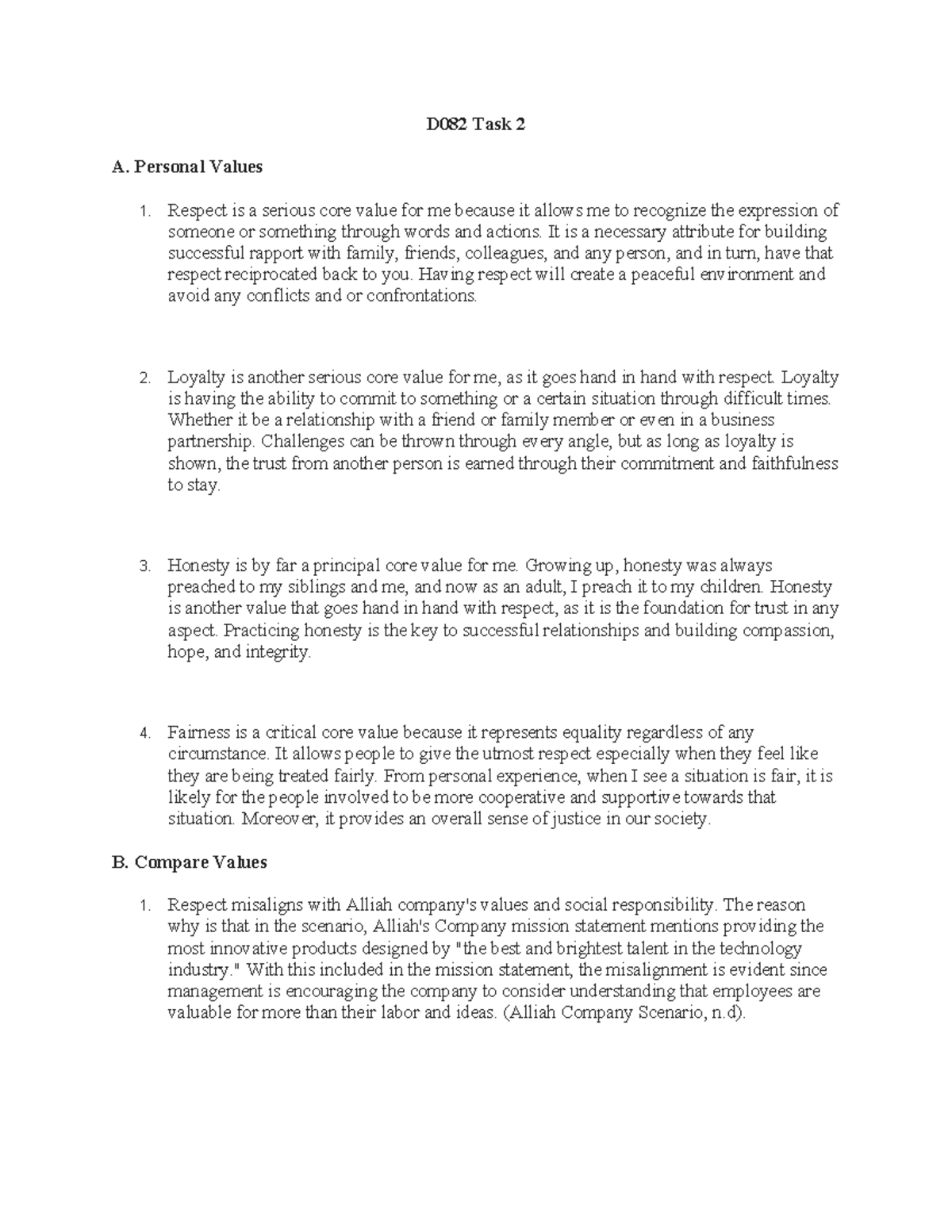 Miracle Anonas D082 CHM1 Task 2 - D082 Task 2 A. Personal Values 1 ...