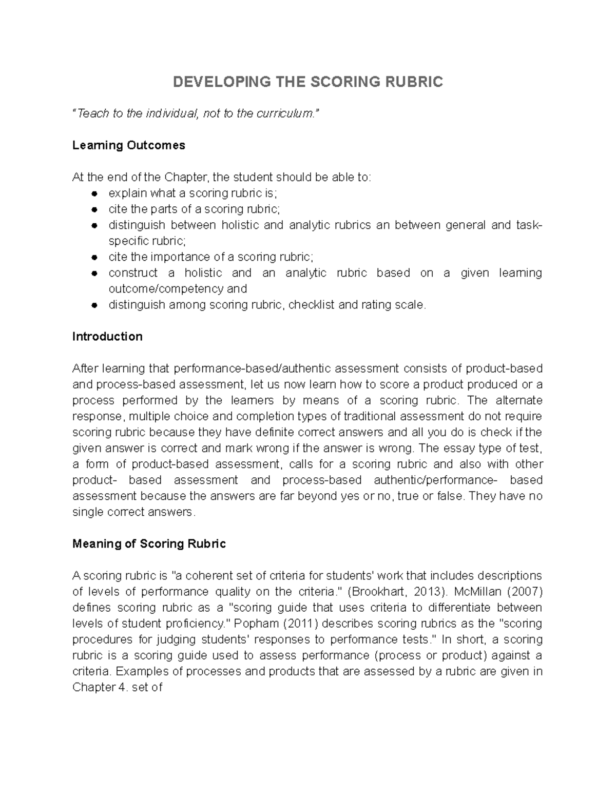 Educ108 Developing THE Scoring Rubric - DEVELOPING THE SCORING RUBRIC ...