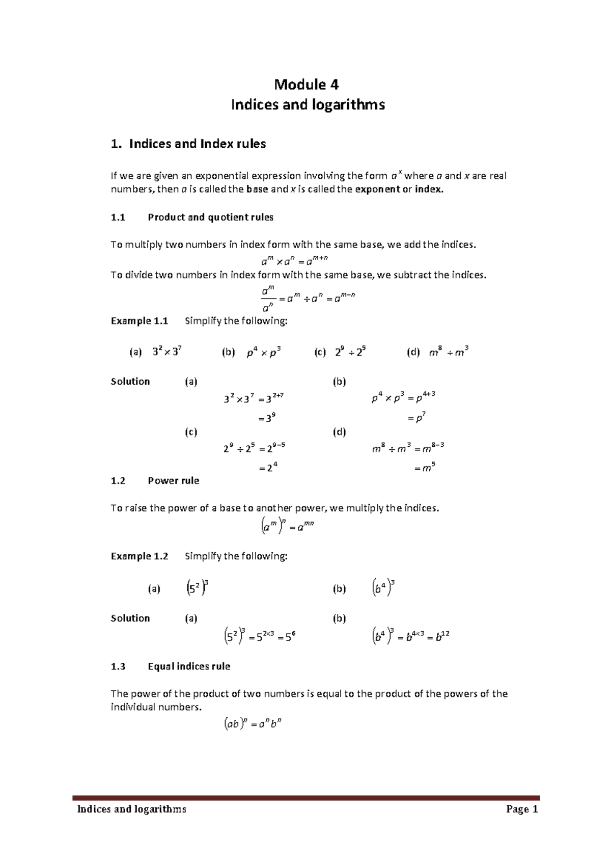 Module 4 Course Notes - Indices and Logs - Module 4 Indices and ...