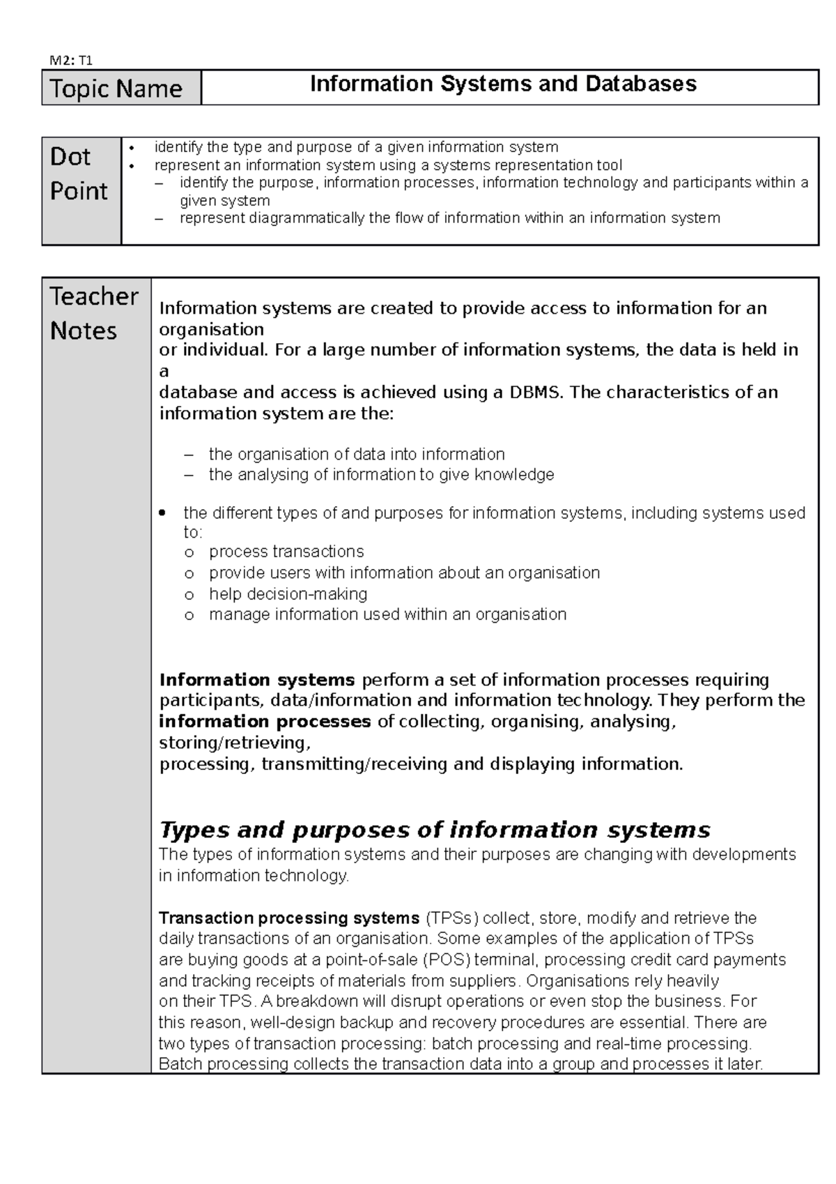 Dot Point Summary 1 - IPT - Topic Name Information Systems and ...