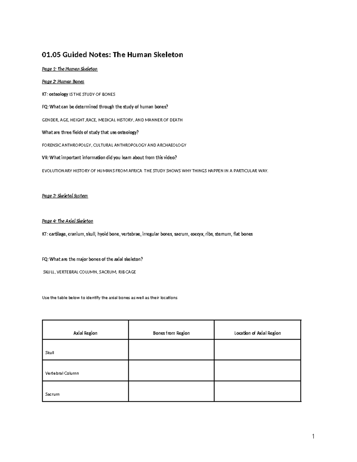 01.05 Guided Notes - 01 Guided Notes: The Human Skeleton Page 1: The ...