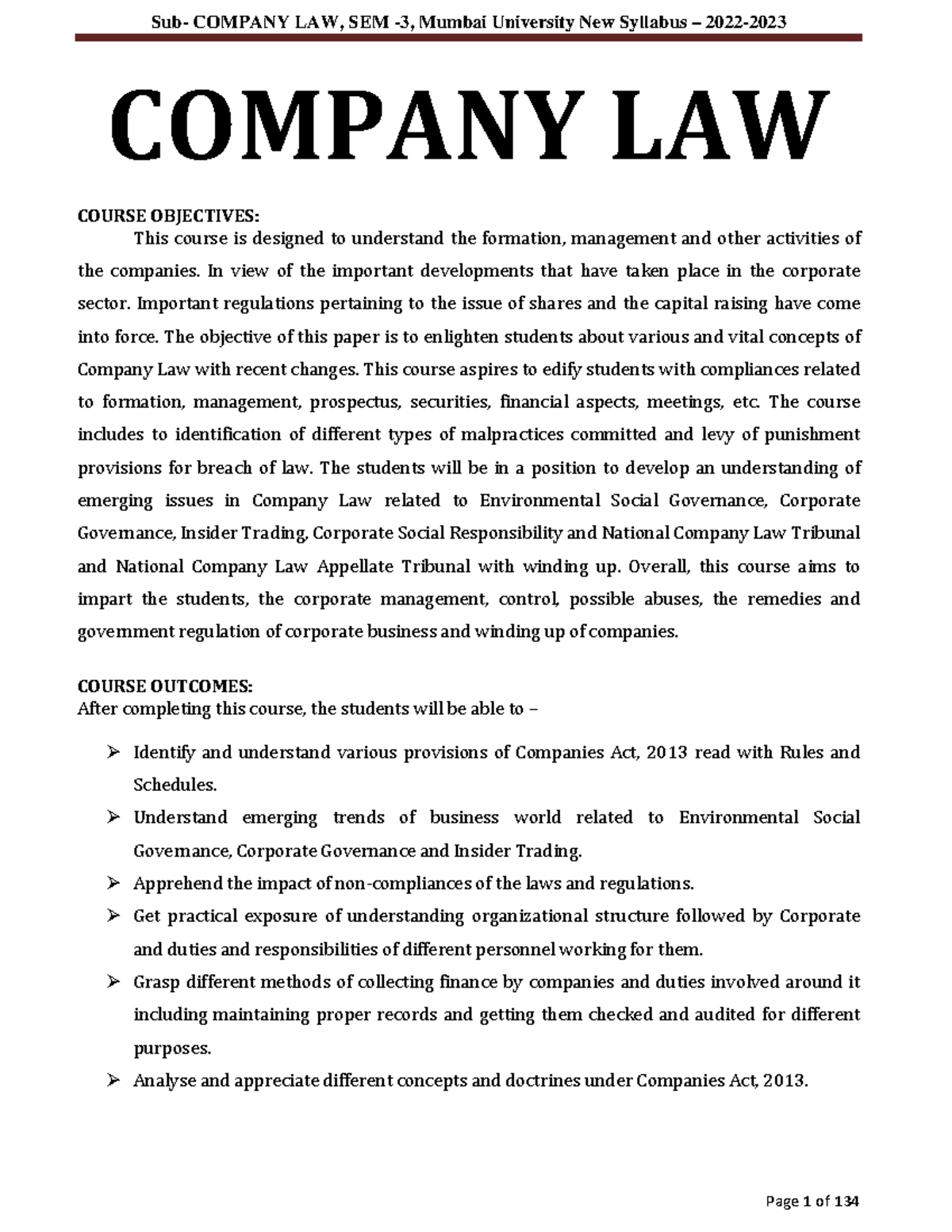 Company LAW - Important - COMPANY LAW COURSE OBJECTIVES: This course is ...