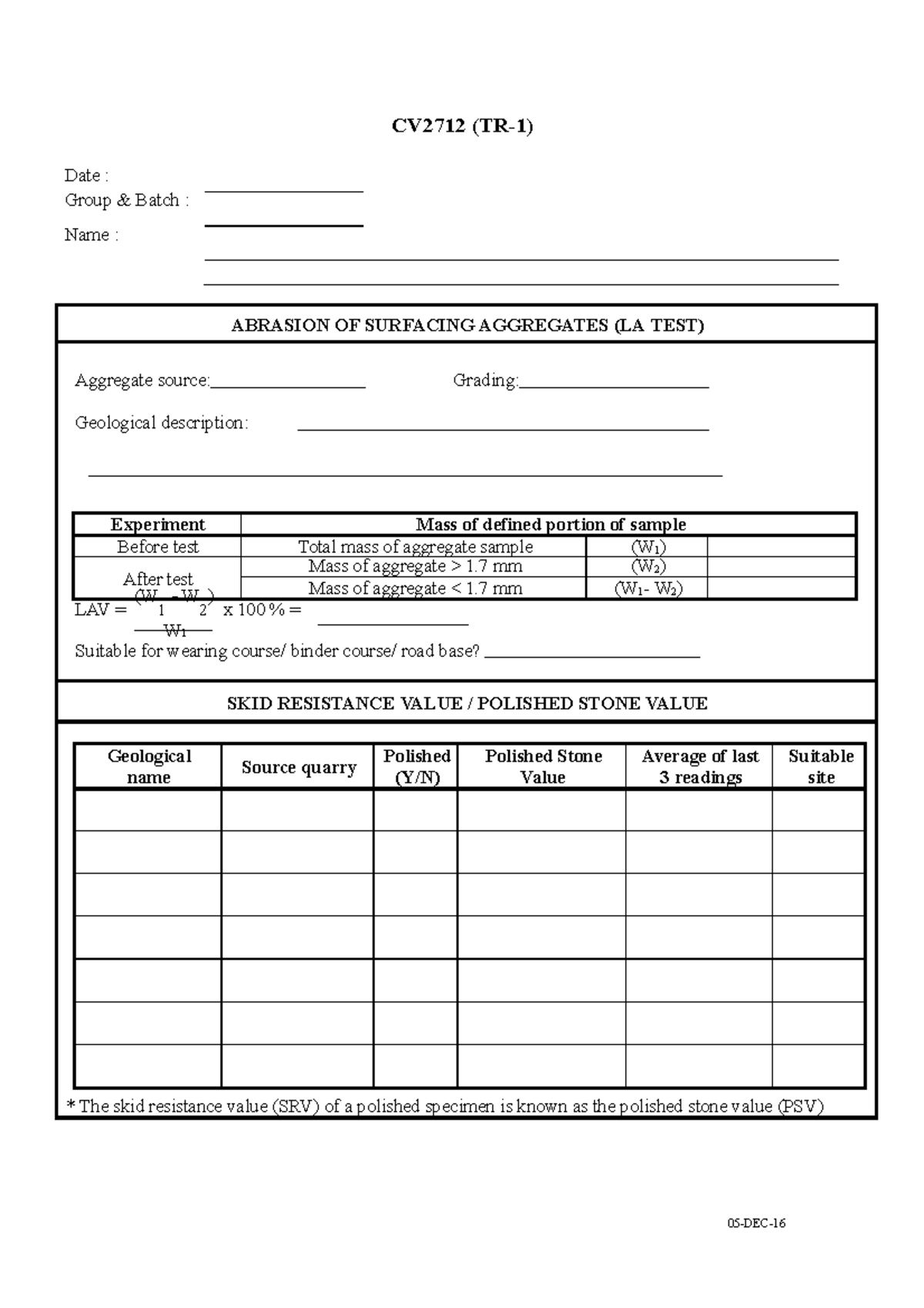 TR-1 Log Sheet - CV2712 (TR-1) Date : Group & Batch : Name : ABRASION ...