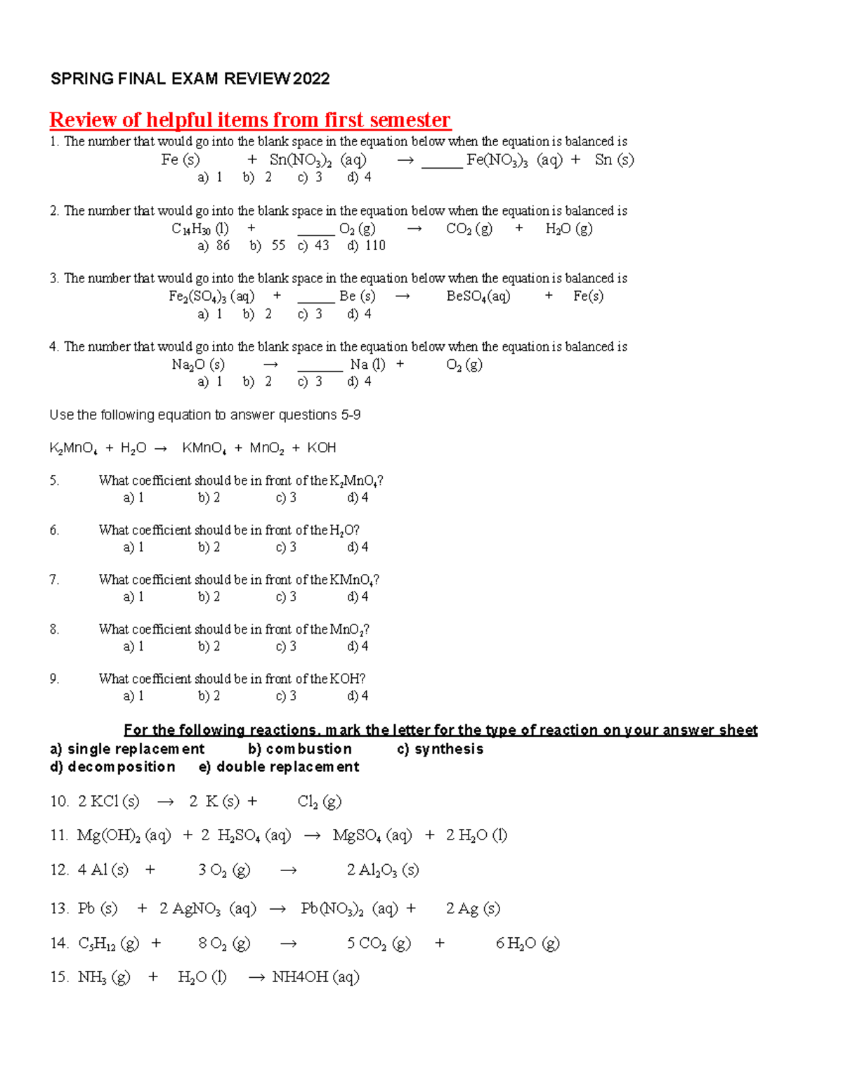 2022 Spring Final Review Chem - SPRING FINAL EXAM REVIEW 2022 Review of helpful items from first ...