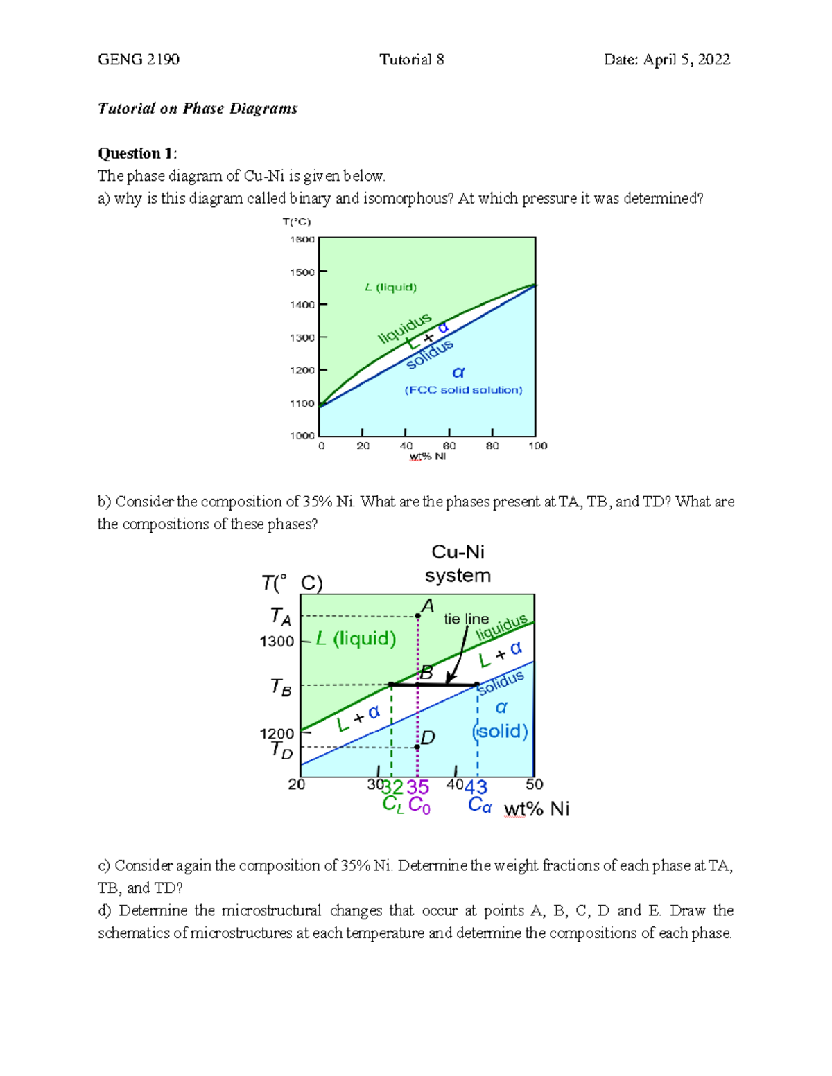 Tutorial 8 Questions - Tutorial on Phase Diagrams Question 1 : The ...
