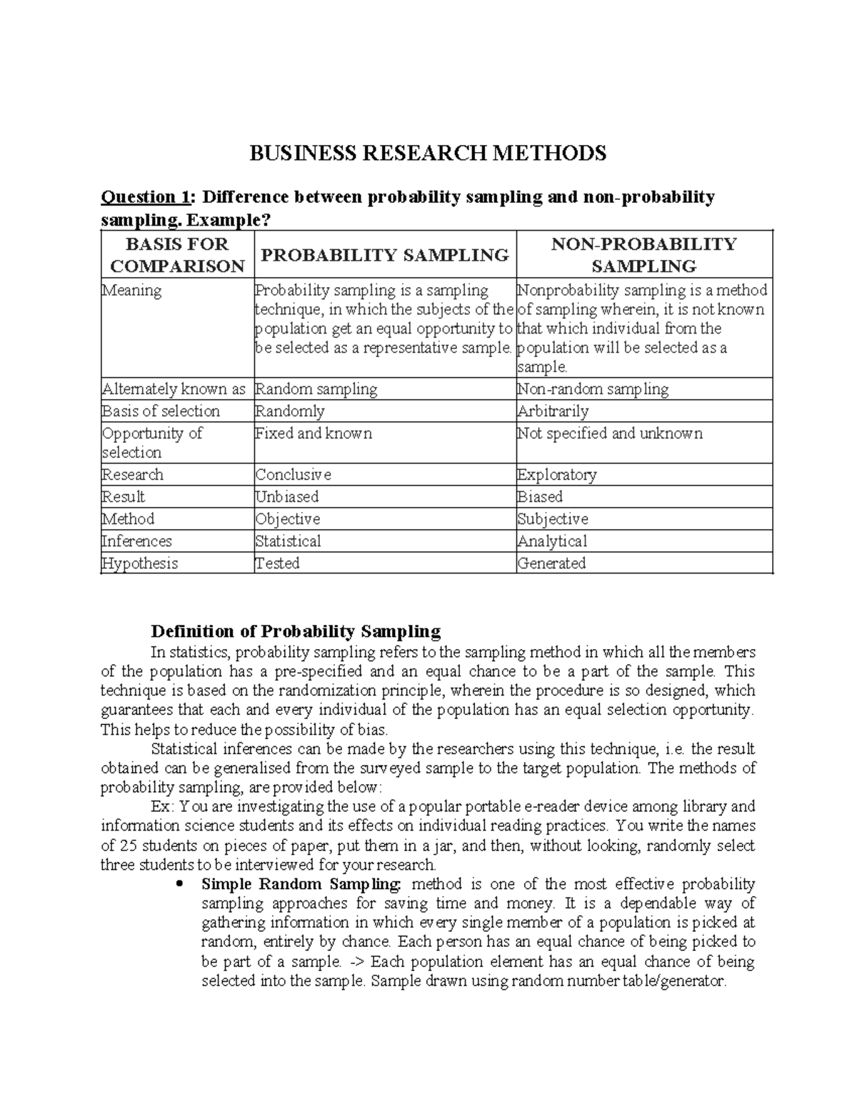 Note final BRM - BUSINESS RESEARCH METHODS Question 1: Difference ...