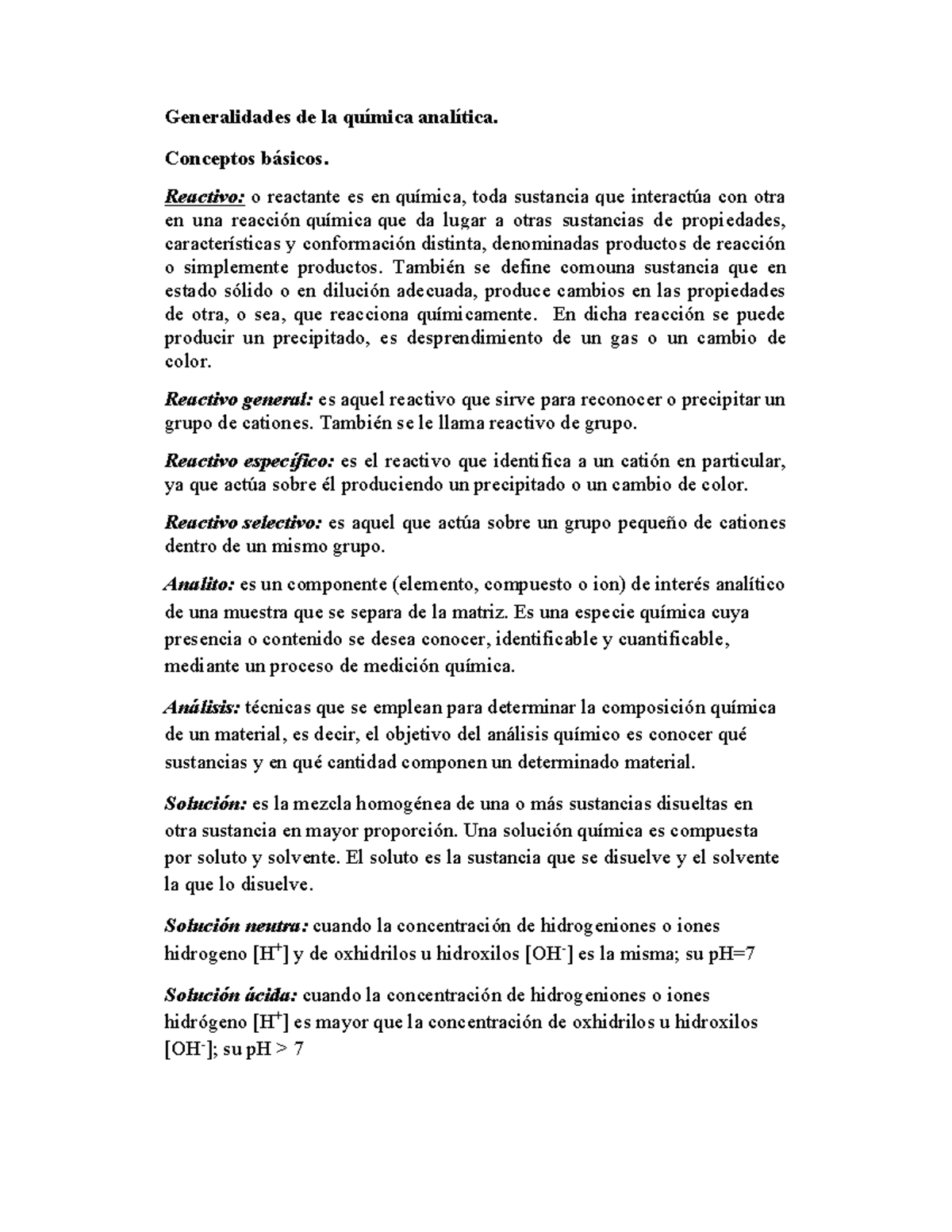 Generalidades de la química analítica - Conceptos básicos. Reactivo: o ...