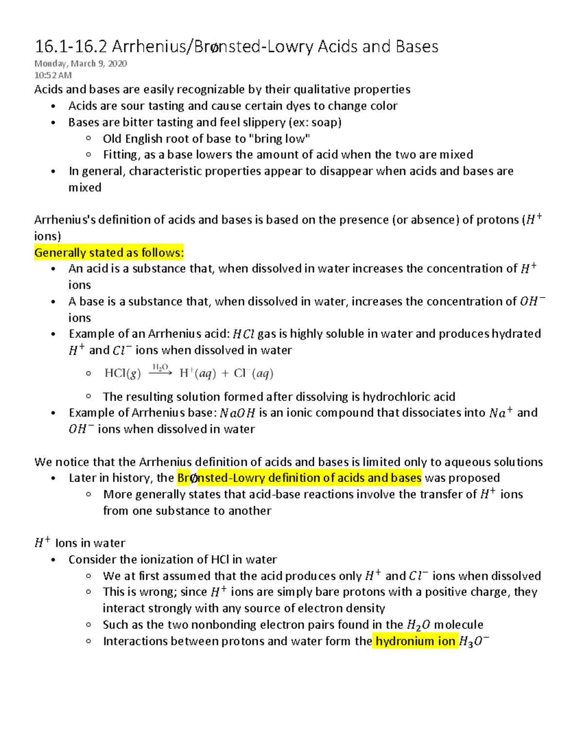 CEM 152 16.1-16.2 - 16-16 Arrhenius/Br∅nsted-Lowry Acids and Bases ...