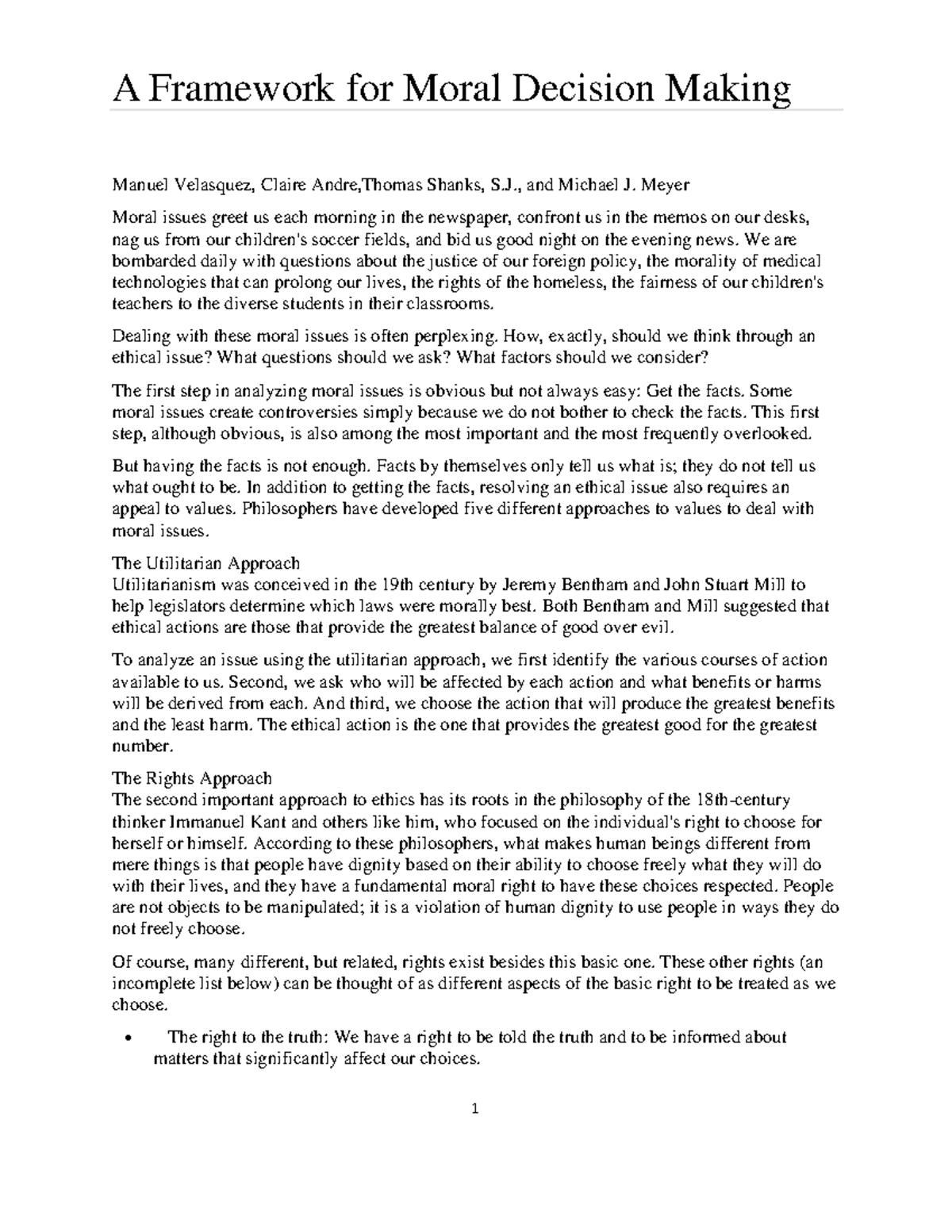 Ethical Issue Resolution Approaches - 1 A Framework for Moral Decision ...