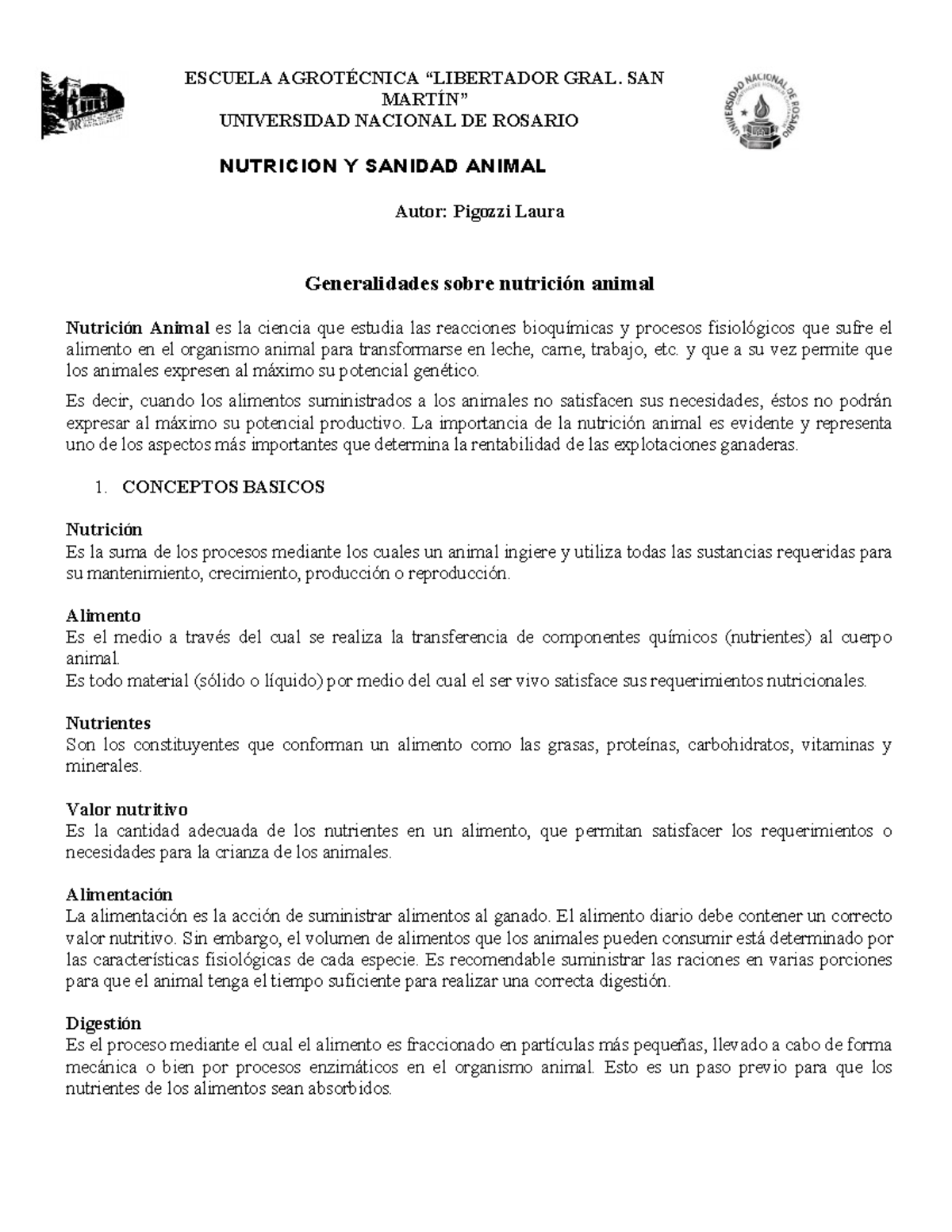 Clase-1 - NUTRICION EN ANIMALES - ESCUELA AGROTÉCNICA “LIBERTADOR GRAL. SAN MARTÍN” UNIVERSIDAD ...