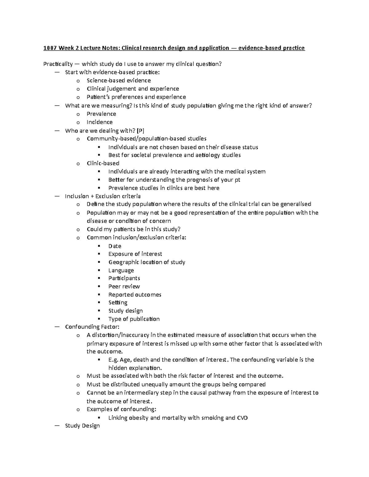 1007 Week 2 notes - 1007 Week 2 Lecture Notes: Clinical research design ...