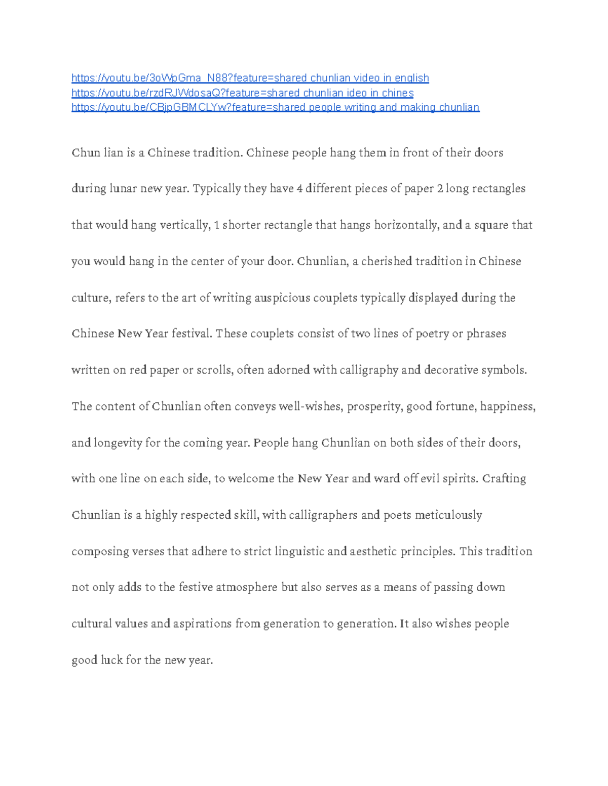 Mandarin chunlian - one of the many projects she makes us do - youtu ...