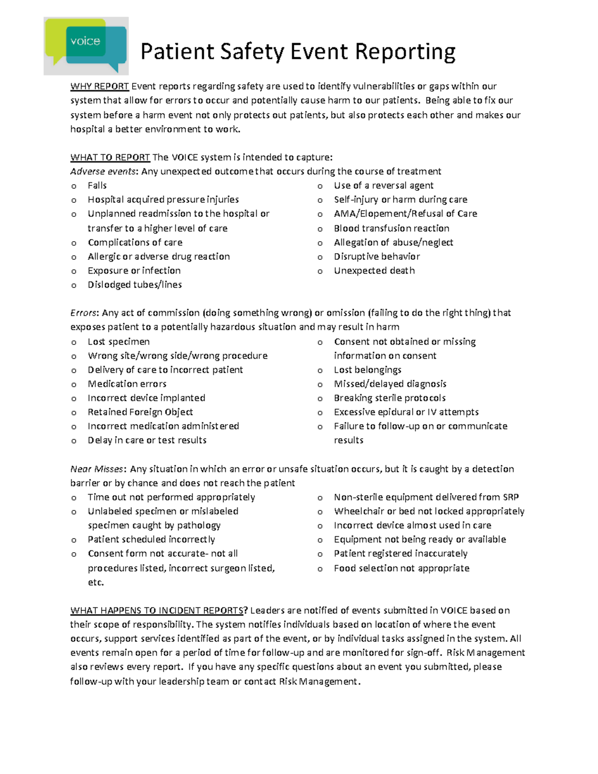 Event Reporting Why and What acute care one pager - Patient Safety ...