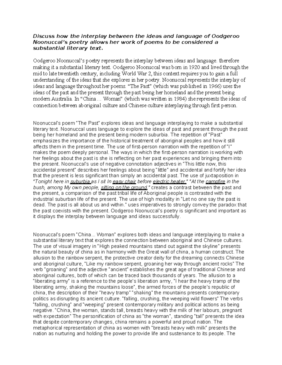 Oodgeroo Noonuccal Essay Response - Discuss how the interplay between ...
