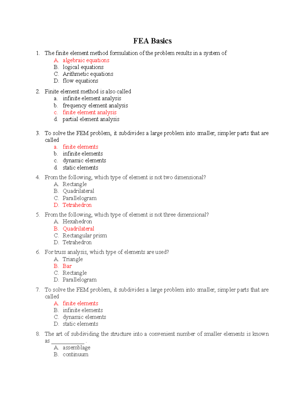 MCQs FEA Basics - MCQ QUESTION FOR INTERNAL - FEA Basics The finite element method formulation ...