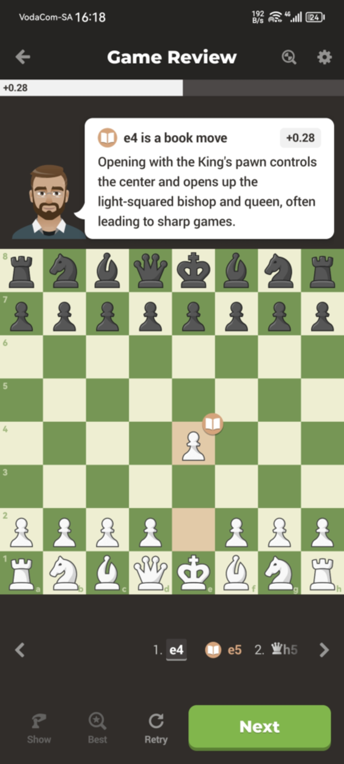 Chess tactics - 16:18 192 4G .. 24 I Game Review e4 is a book move ...