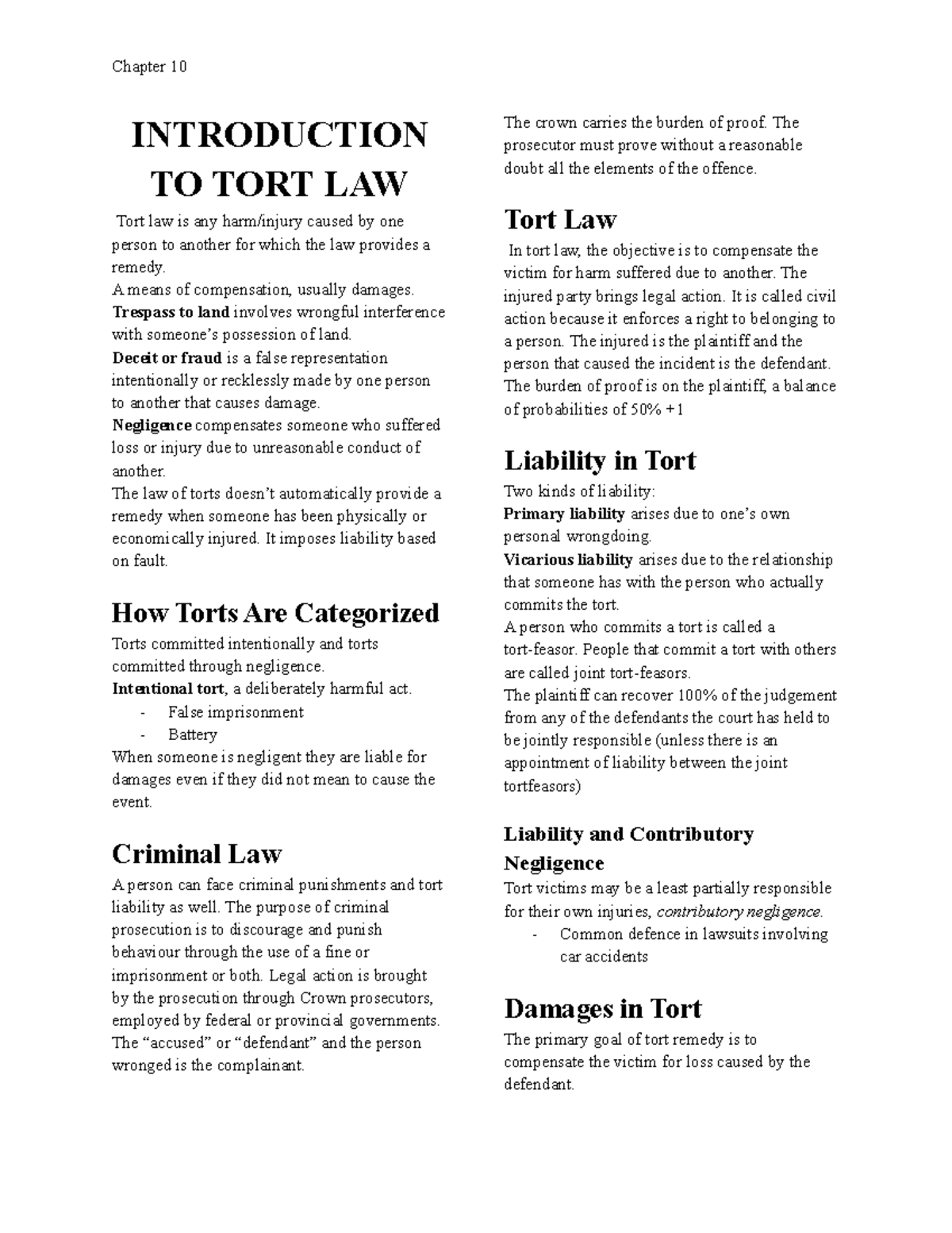 Introduction to Tort Law - Chapter 10 INTRODUCTION TO TORT LAW Tort law ...