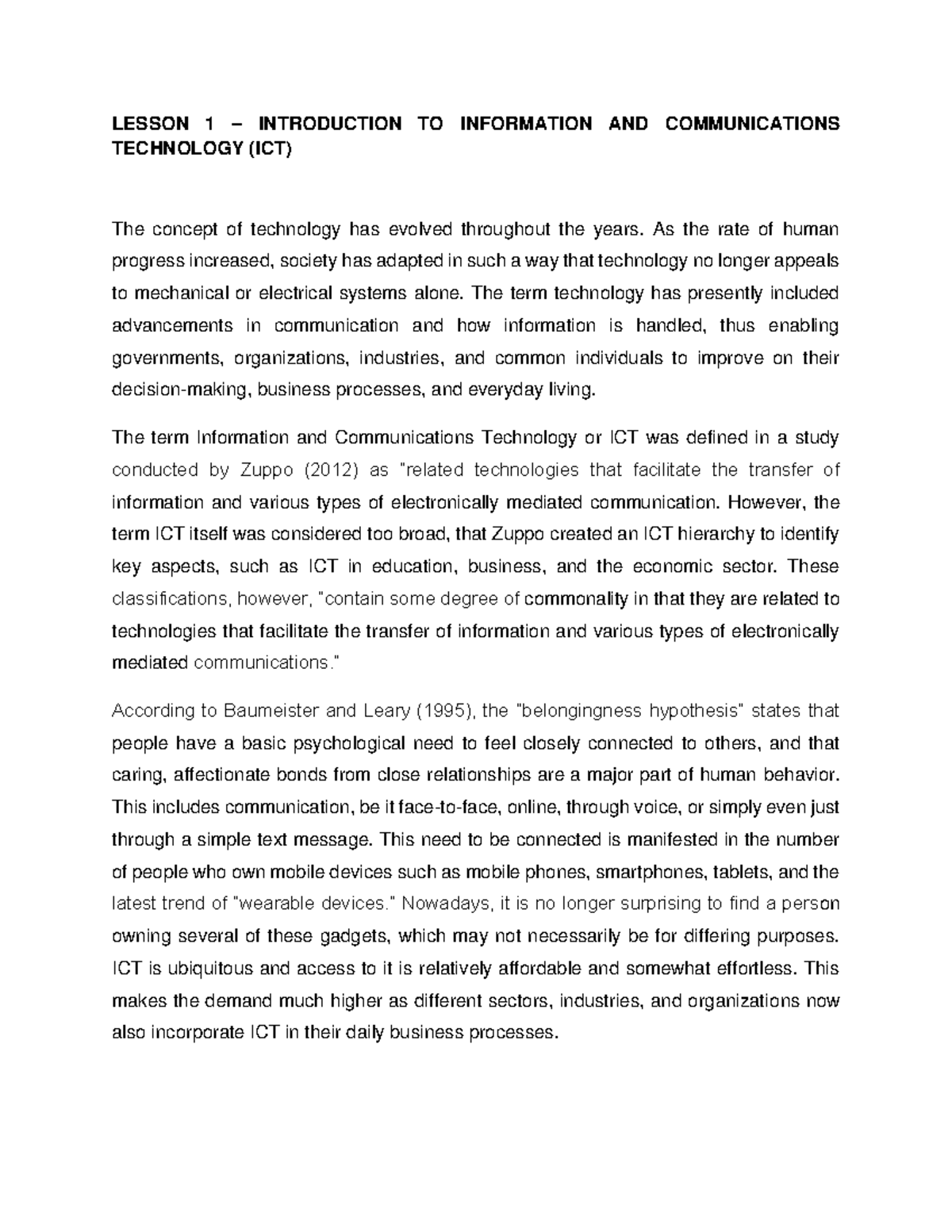 Introduction to Information and Communications Technology - LESSON 1 ...