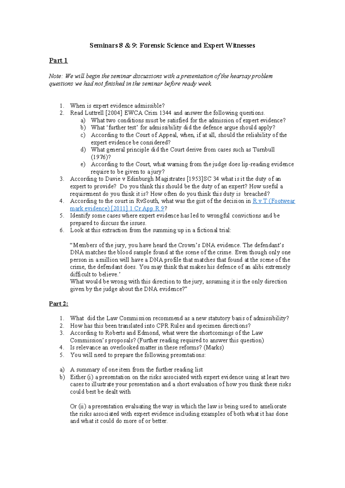 Seminars 89 handout - Seminars 8 & 9: Forensic Science and Expert ...