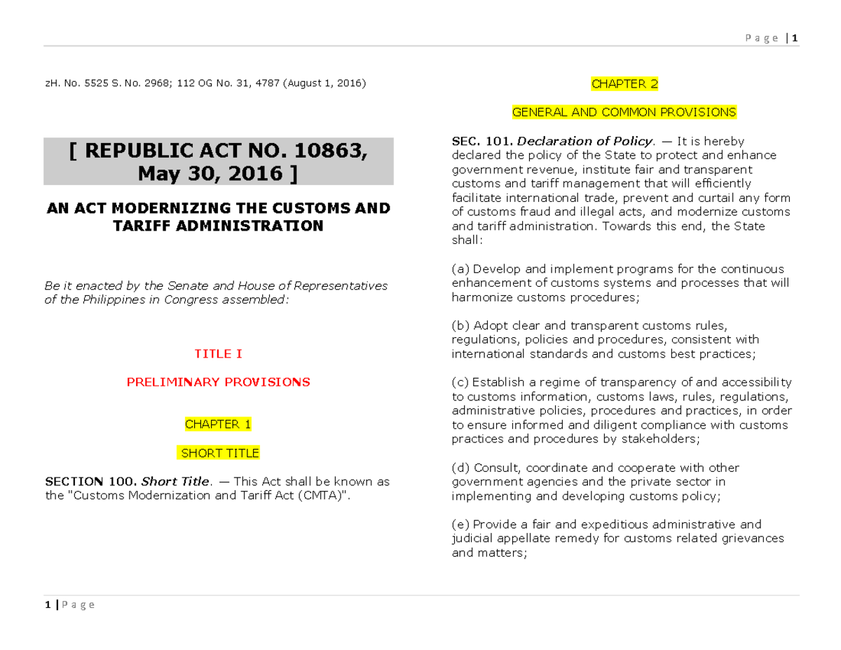 CMTA 2016 - customs - zH. No. 5525 S. No. 2968; 112 OG No. 31, 4787 ...