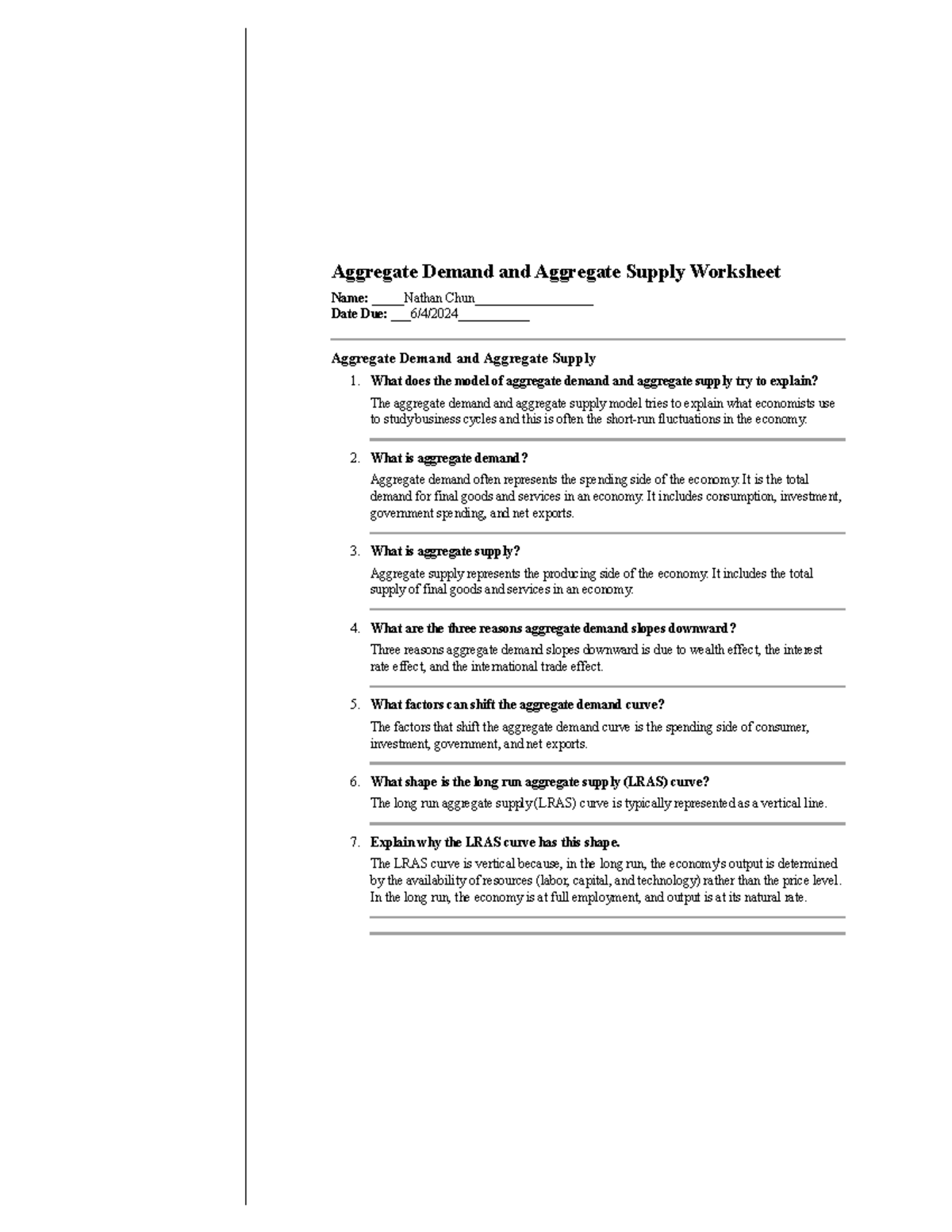 Aggregate Demand and Aggregate Supply Worksheet - What does the model ...