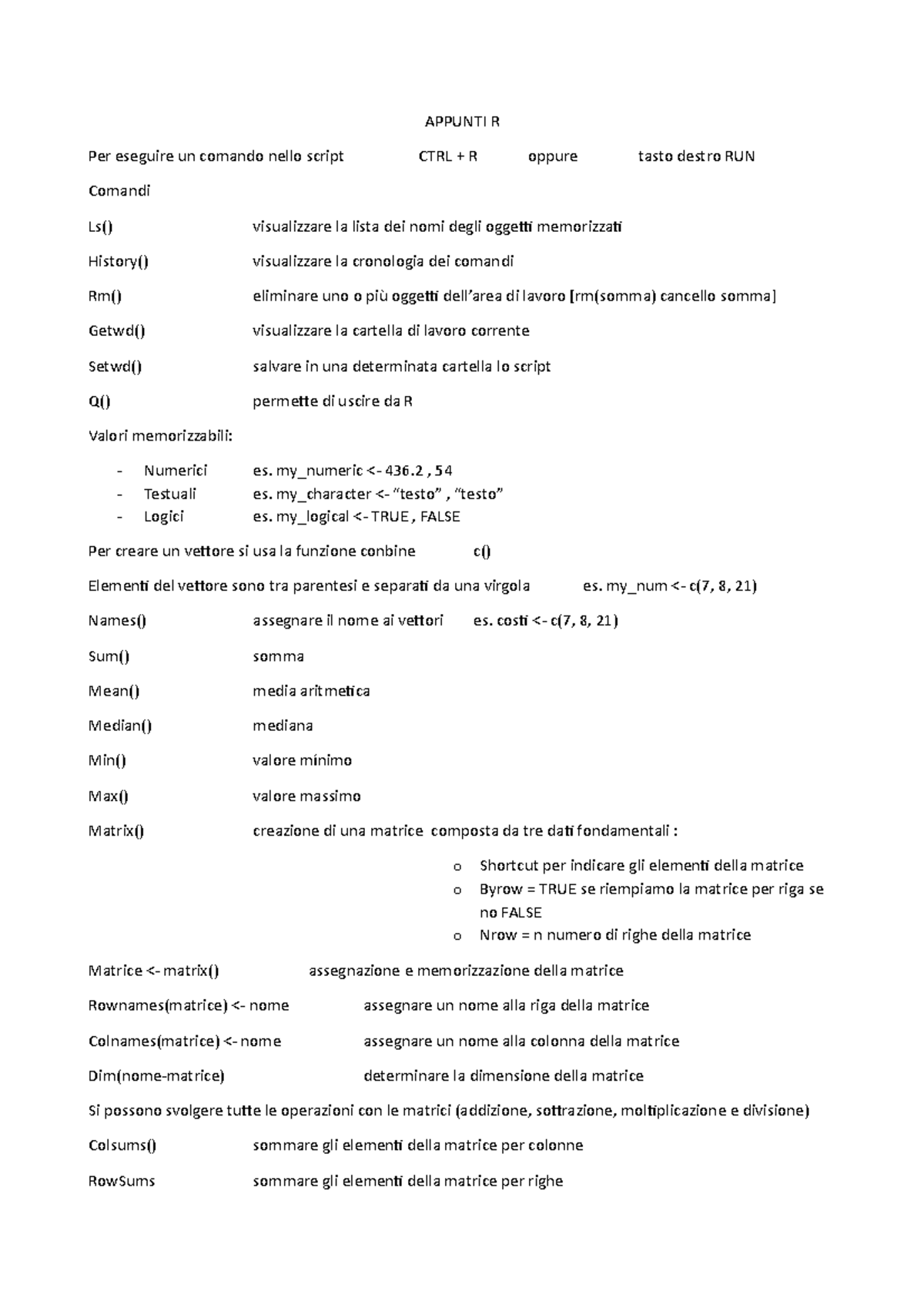 Formulario R - prima parte formule r - APPUNTI R Per eseguire un ...