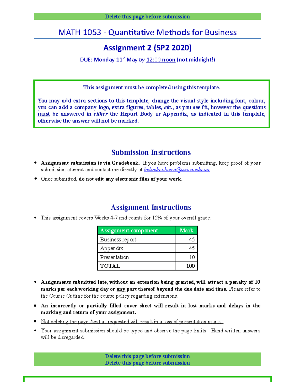 QMB Assignment 2 SP2 2020 - Delete this page before submission MATH 1053 - Quantitative Methods ...