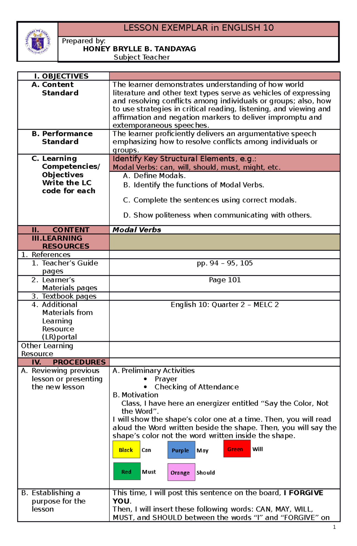 lesson plan zzzzz - LESSON EXEMPLAR in ENGLISH 10 Prepared by: HONEY ...