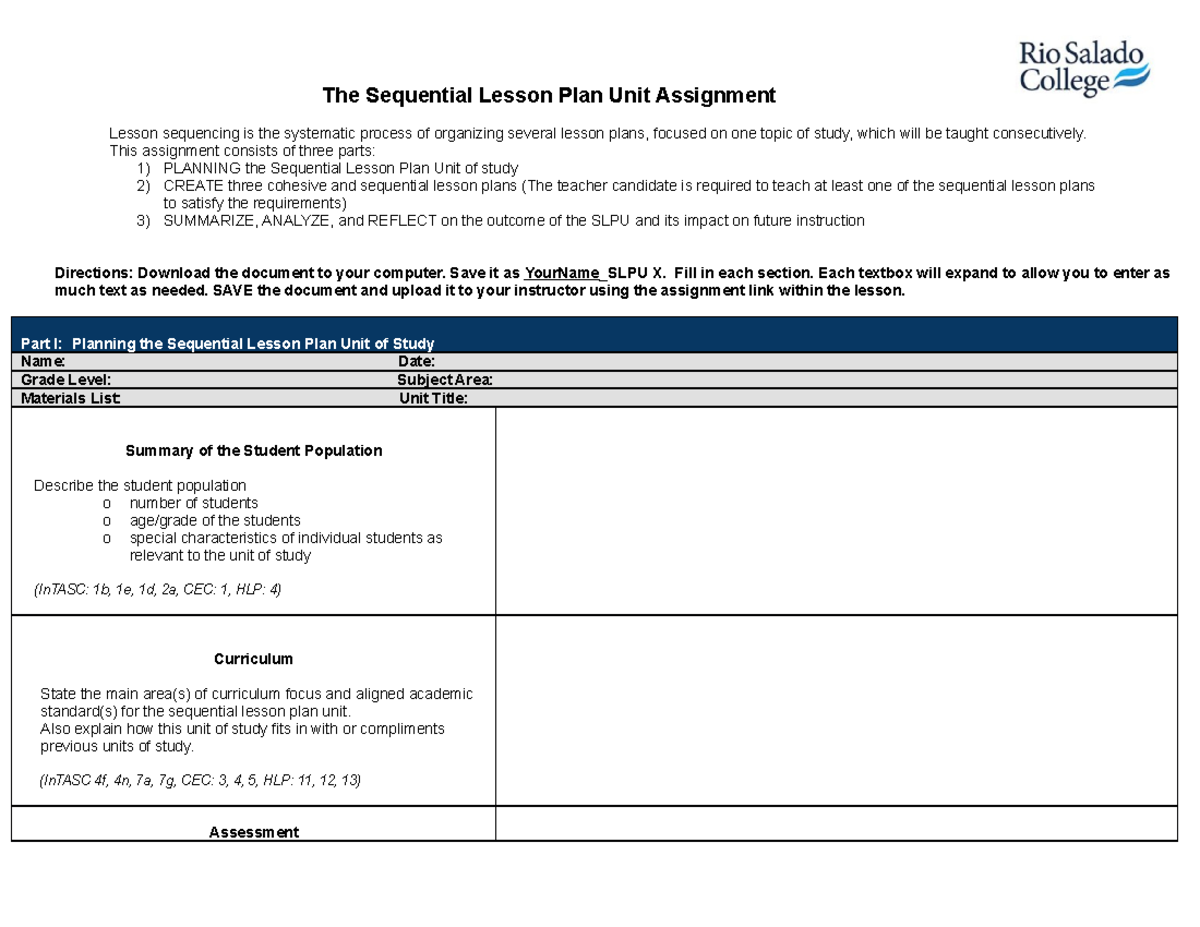 Part01 SLPU Planning Template - The Sequential Lesson Plan Unit ...